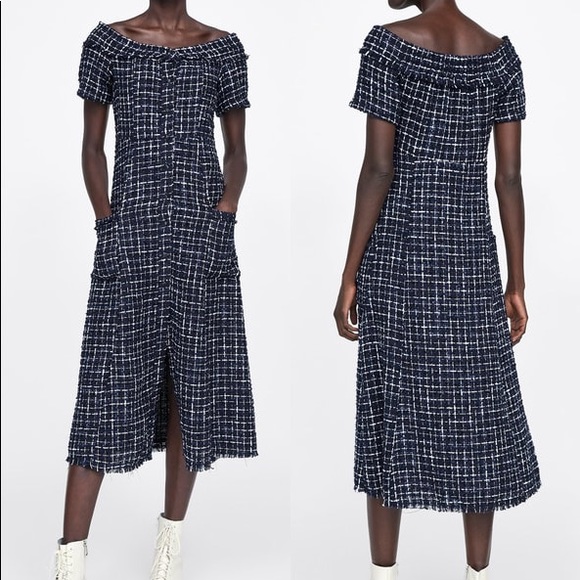 Zara | Dresses | Nwt Zara Maxi Tweed Navy Dress Off Shoulder | Poshmark